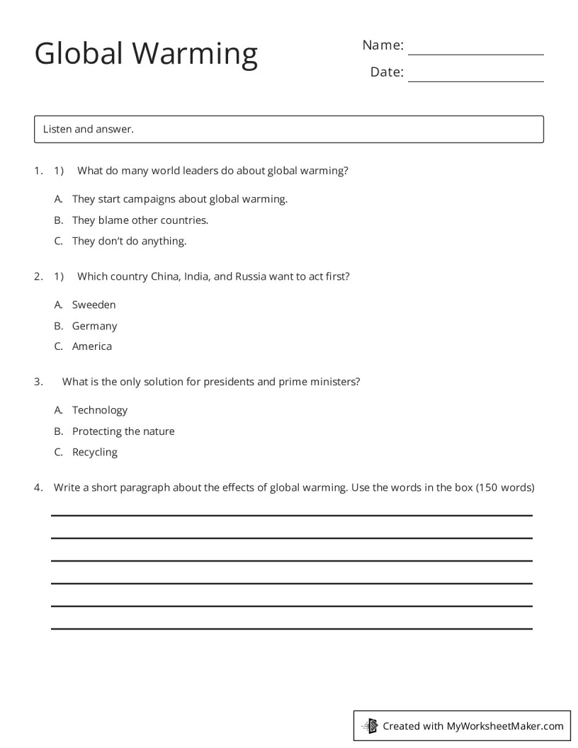 Global Warming - My Worksheet Maker: Create Your Own Worksheets