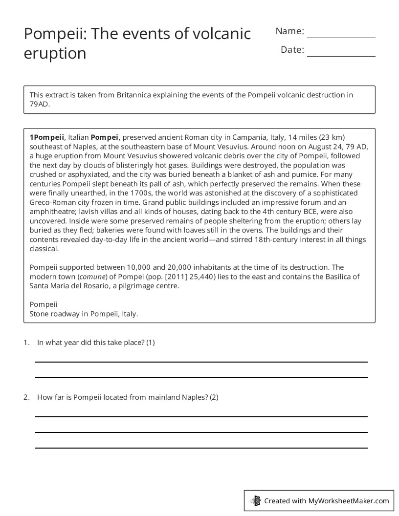 Pompeii: The events of volcanic eruption - My Worksheet Maker: Create ...