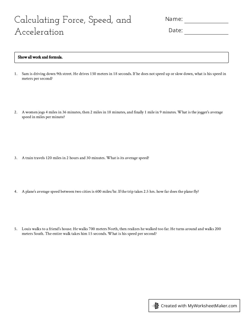 Calculating Force, Speed, and Acceleration - My Worksheet Maker: Create ...