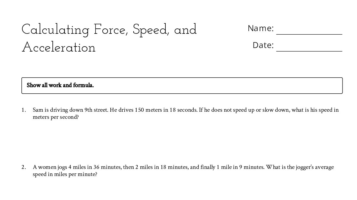 Calculating Force, Speed, and Acceleration - My Worksheet Maker: Create ...