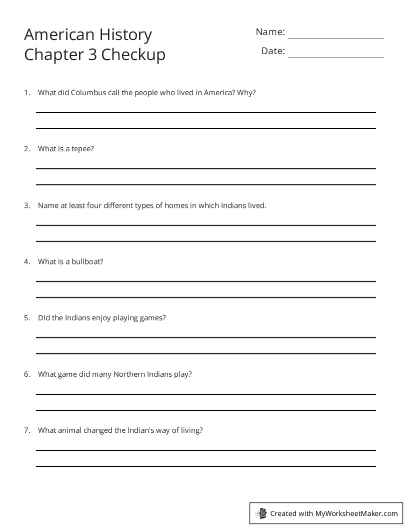American HistoryChapter 3 Checkup - My Worksheet Maker: Create Your Own ...