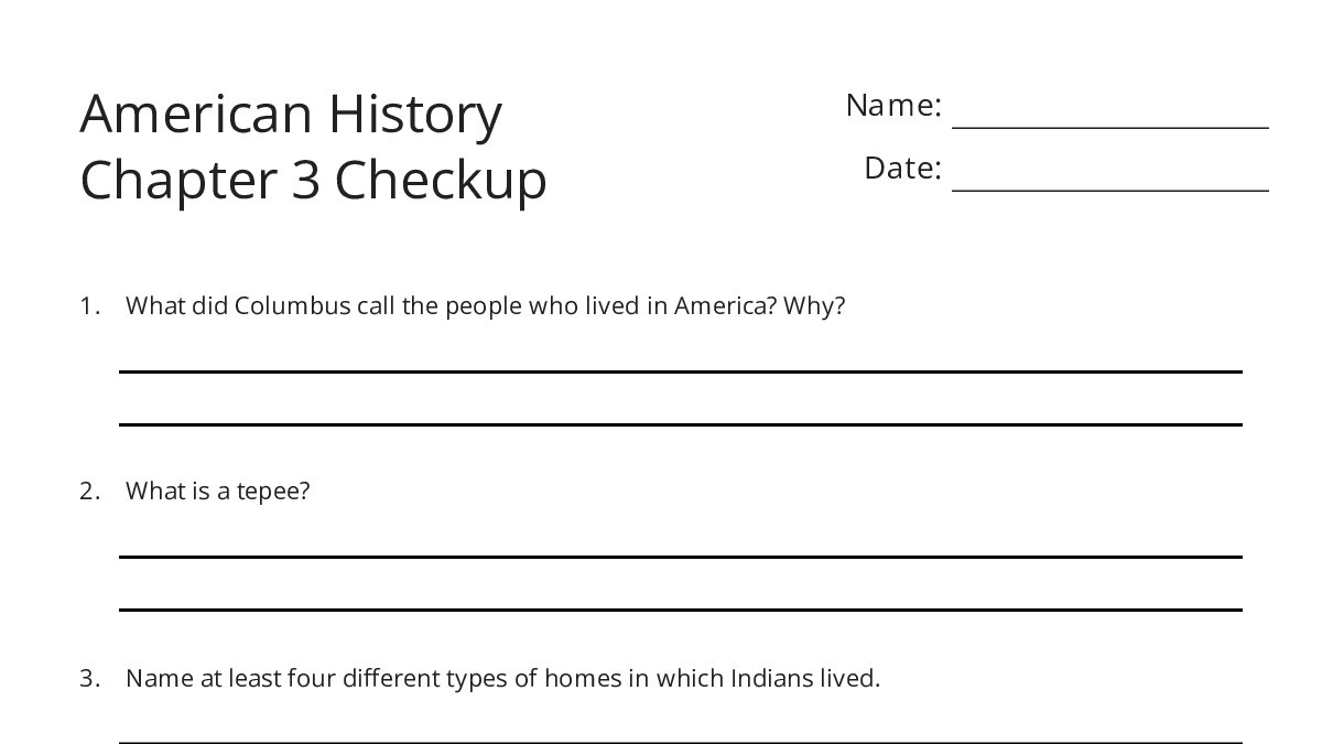 American History Chapter 3 Checkup - My Worksheet Maker: Create Your ...