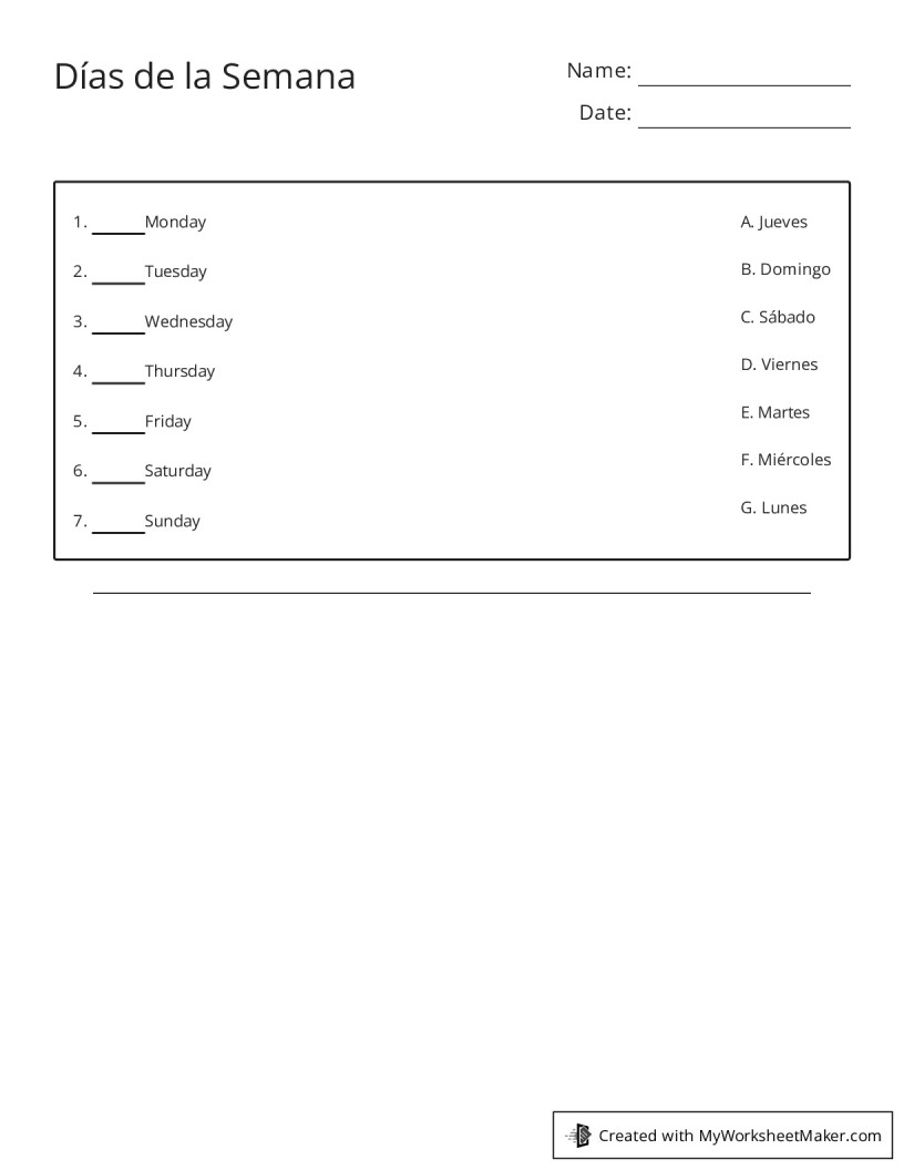 Días de la Semana - My Worksheet Maker: Create Your Own Worksheets