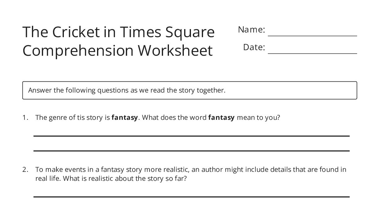 The Cricket in Times Square Comprehension Worksheet - My Worksheet ...