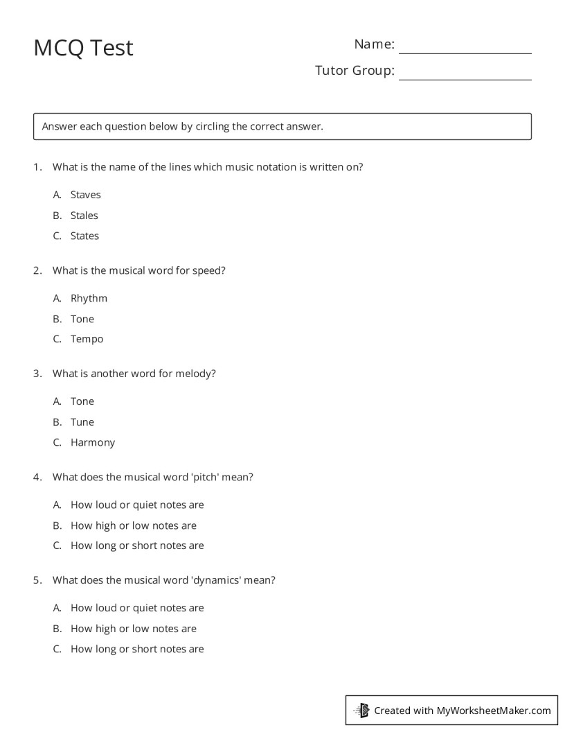 MCQ Test - My Worksheet Maker: Create Your Own Worksheets
