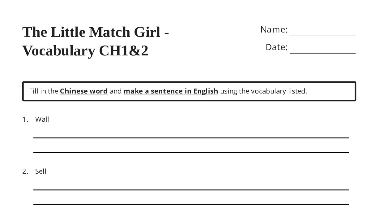 The Little Match Girl - Vocabulary CH1&2 - My Worksheet Maker: Create ...