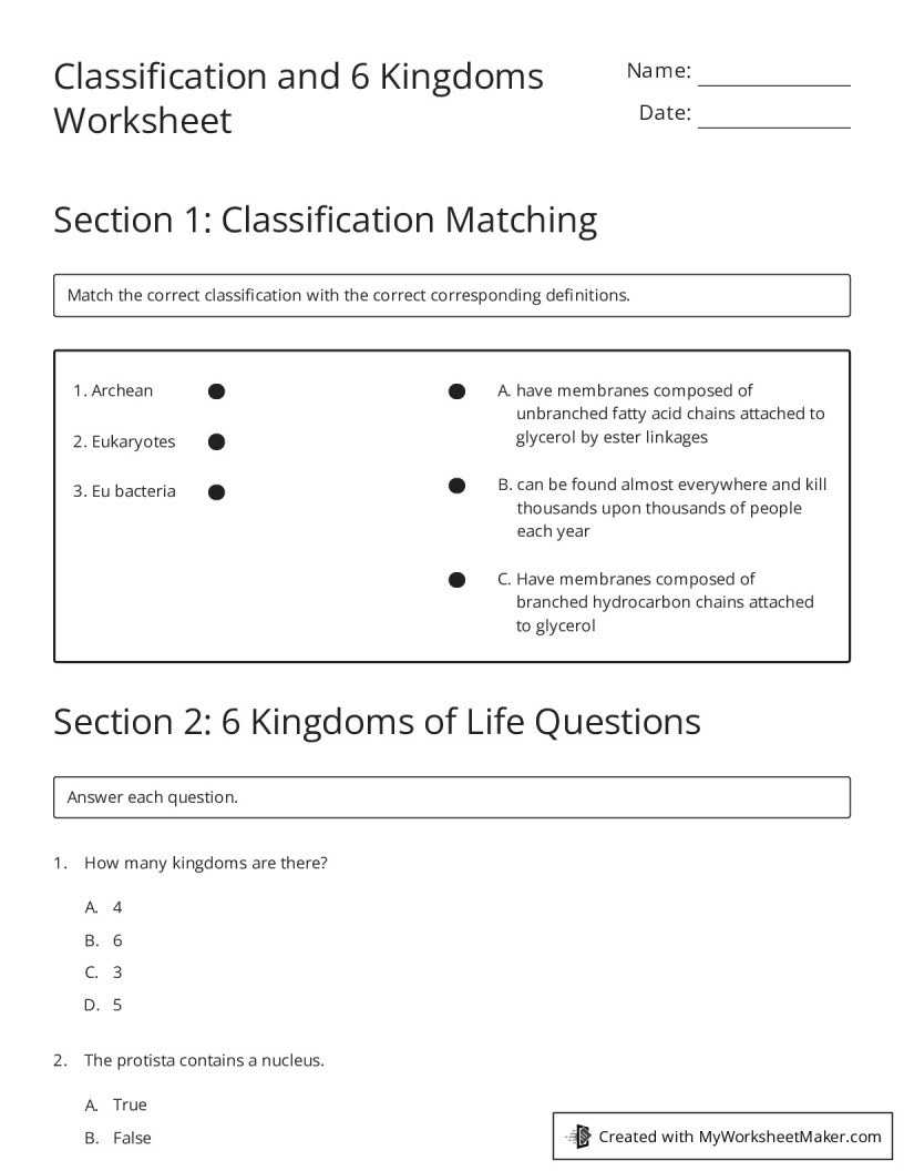 Classification and 6 Kingdoms Worksheet - My Worksheet Maker: Create ...