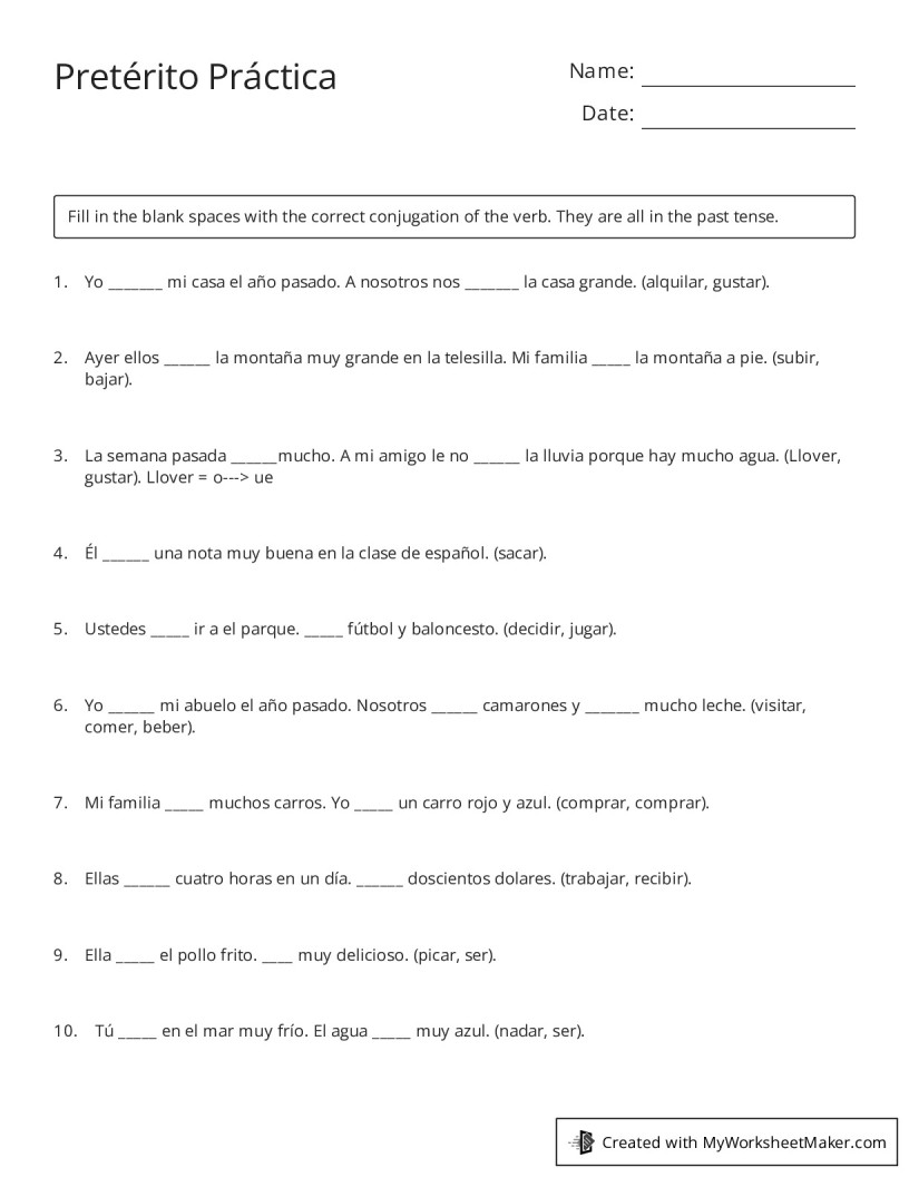 Pretérito Práctica - My Worksheet Maker: Create Your Own Worksheets