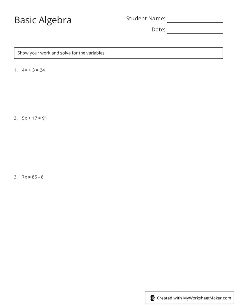 Basic Algebra - My Worksheet Maker: Create Your Own Worksheets