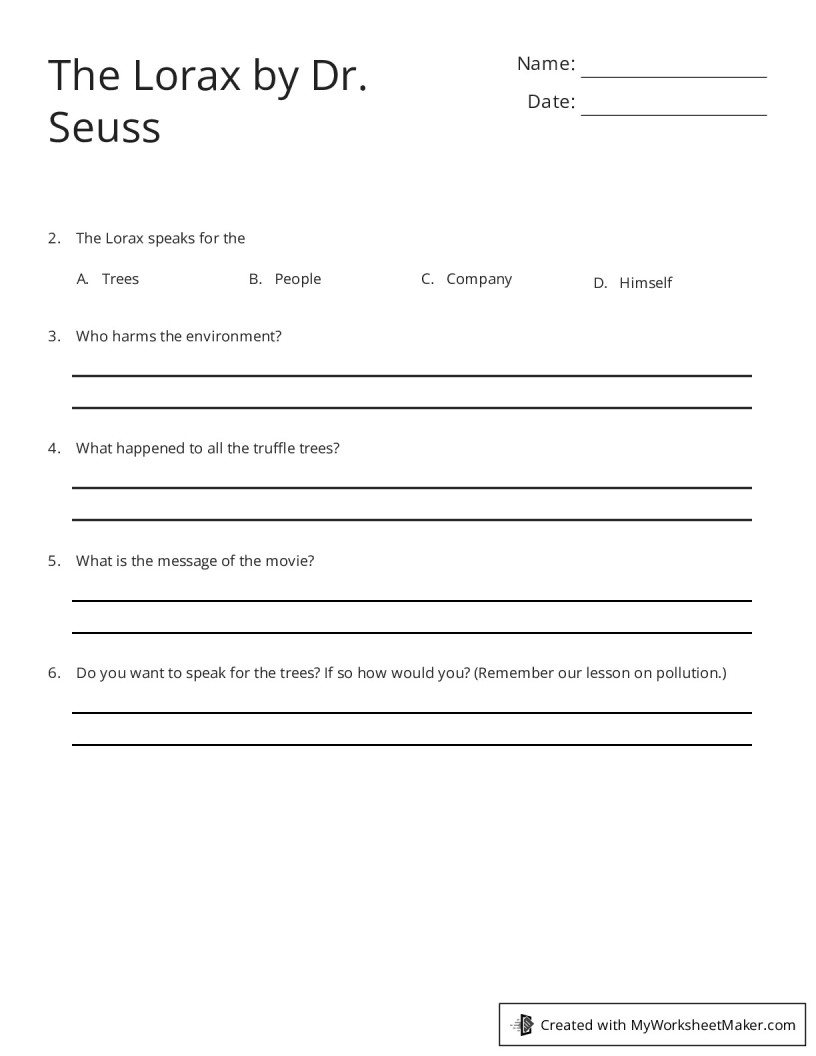 The Lorax by Dr. Seuss - My Worksheet Maker: Create Your Own Worksheets