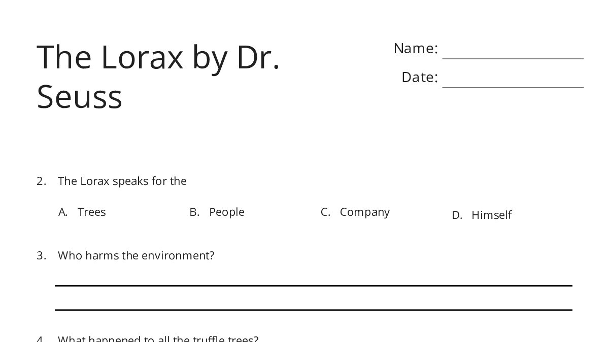 The Lorax by Dr. Seuss - My Worksheet Maker: Create Your Own Worksheets
