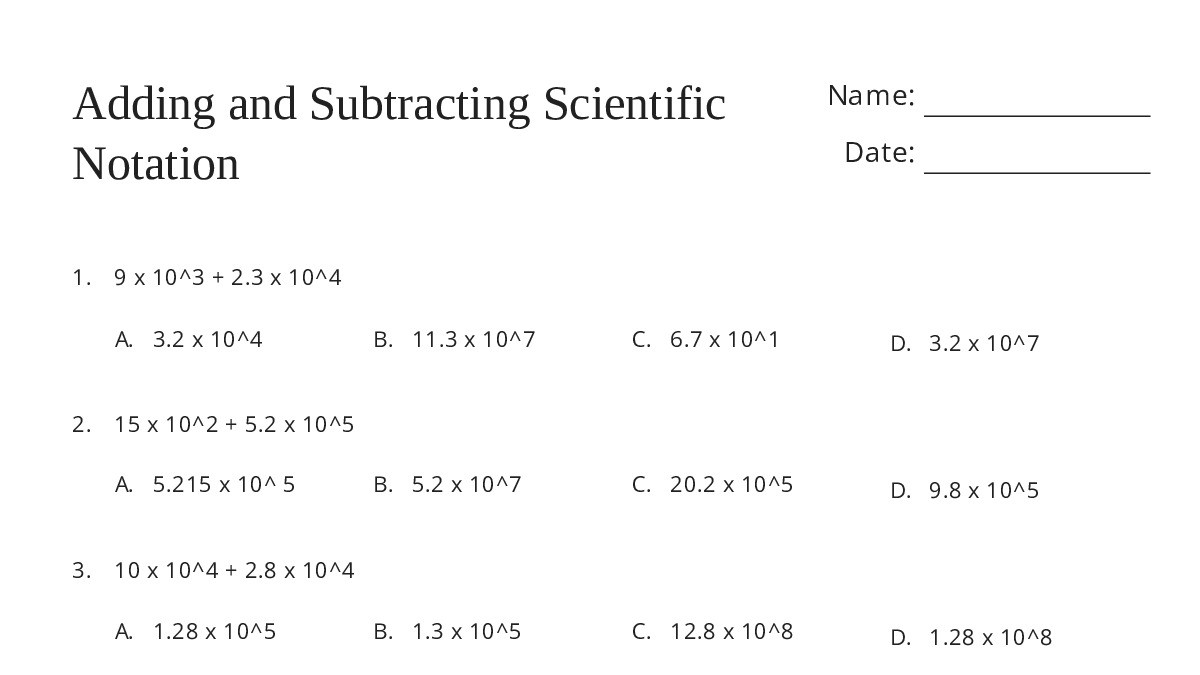 Adding and Subtracting Scientific Notation - My Worksheet Maker: Create ...