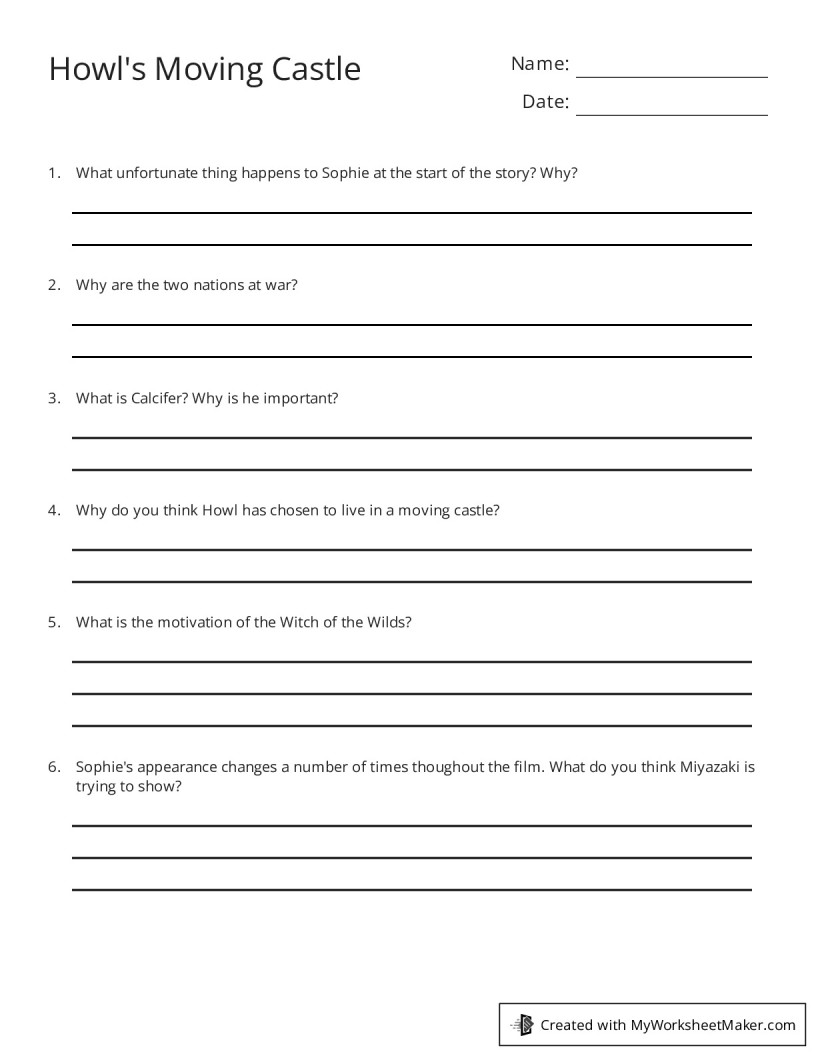 Howl's Moving Castle - My Worksheet Maker: Create Your Own Worksheets