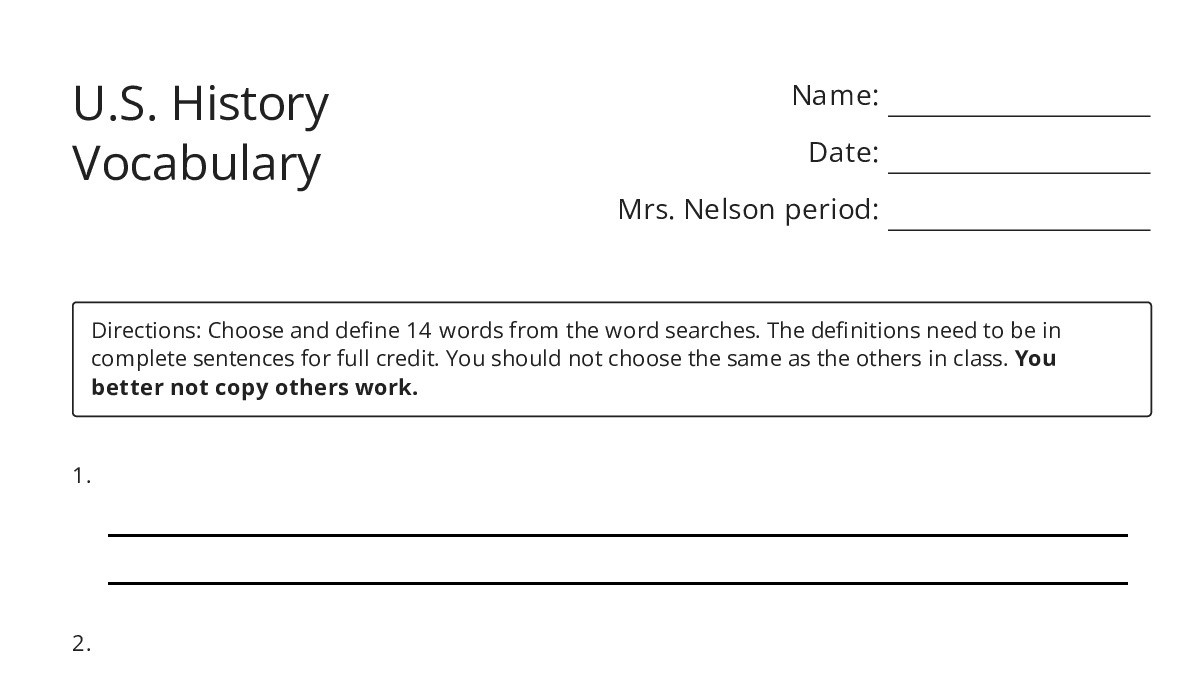 U.S. History Vocabulary - My Worksheet Maker: Create Your Own Worksheets
