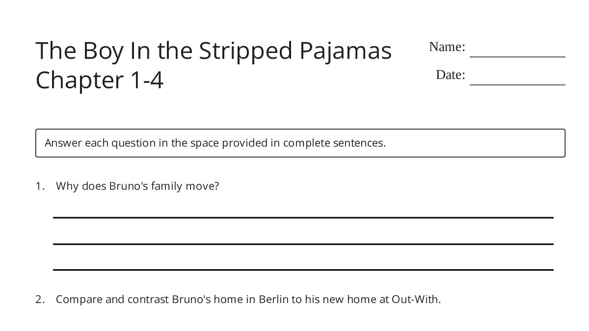 The Boy In the Stripped Pajamas Chapter 1-4 - My Worksheet Maker ...