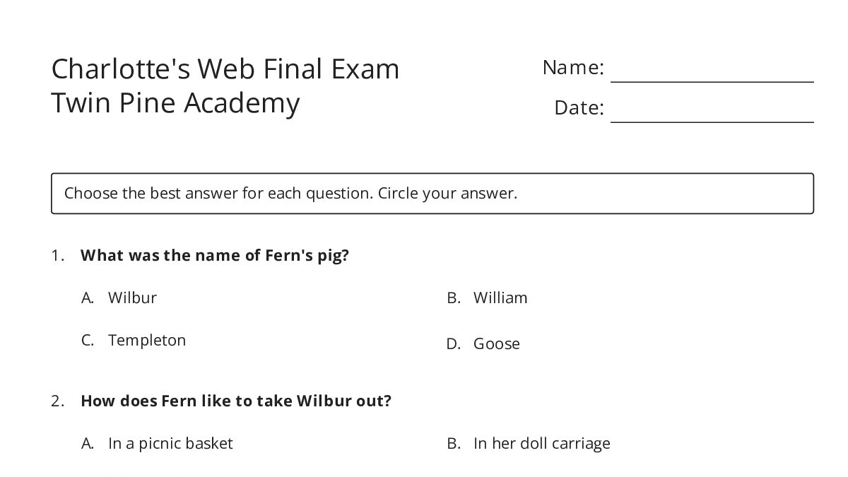 Charlotte's Web Final Exam Twin Pine Academy - My Worksheet Maker ...