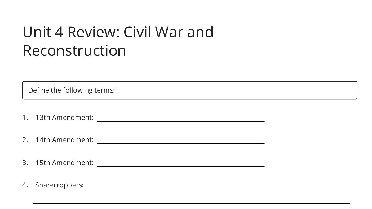 Unit 4 Review: Civil War and Reconstruction - My Worksheet Maker ...