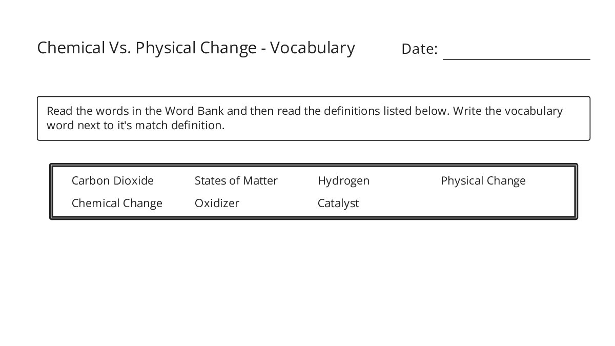 Chemical Vs. Physical Change - Vocabulary - My Worksheet Maker: Create ...