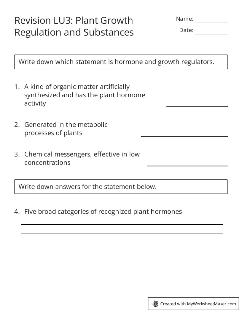 Revision LU3: Plant Growth Regulation and Substances - My Worksheet ...
