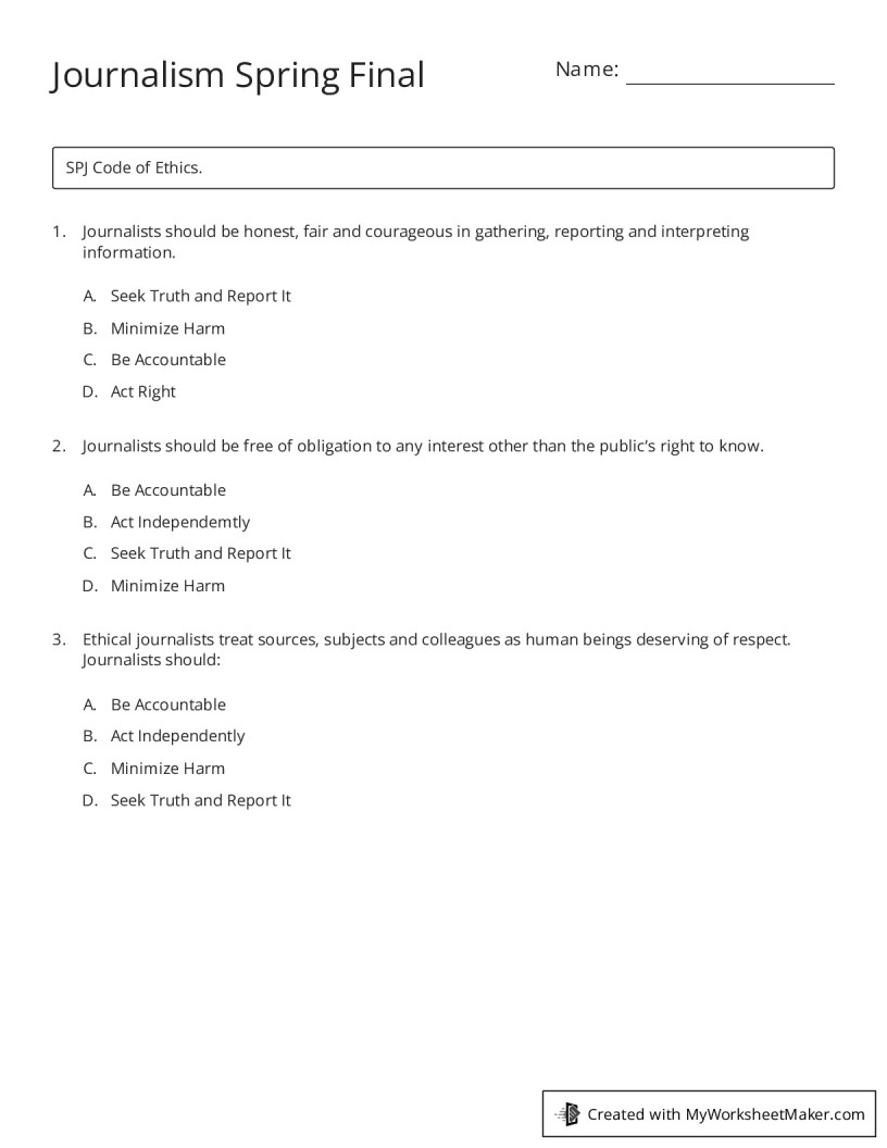 Journalism Spring Final - My Worksheet Maker: Create Your Own Worksheets