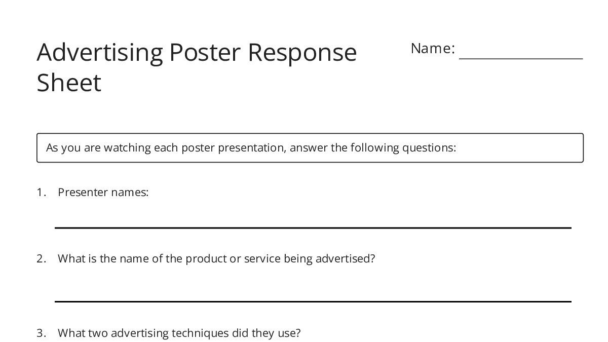 Advertising Poster Response Sheet - My Worksheet Maker: Create Your Own ...