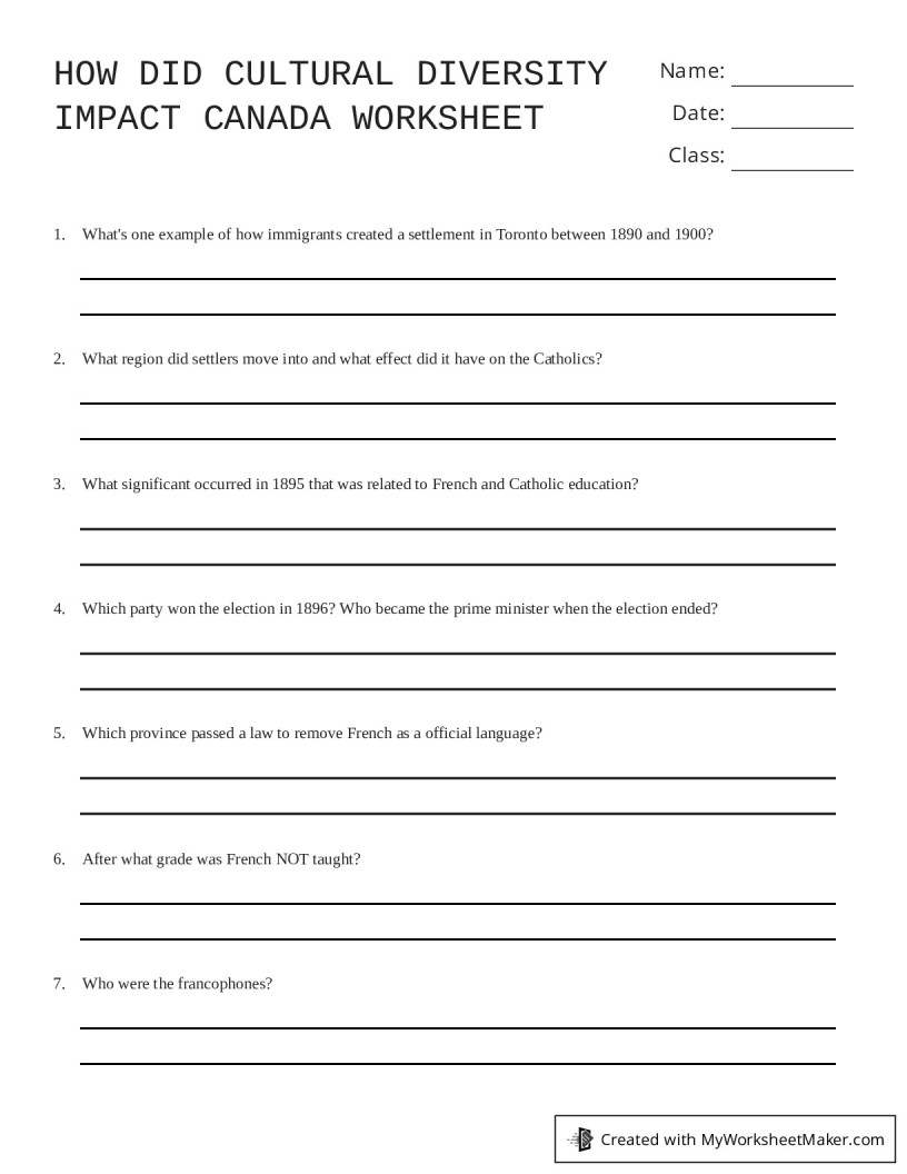 HOW DID CULTURAL DIVERSITY IMPACT CANADA WORKSHEET - My Worksheet Maker ...