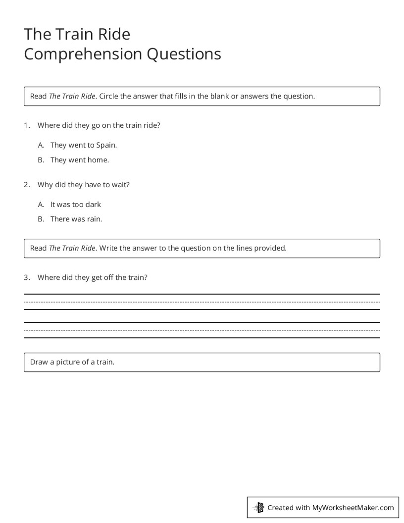 The Train Ride Comprehension Questions - My Worksheet Maker: Create ...
