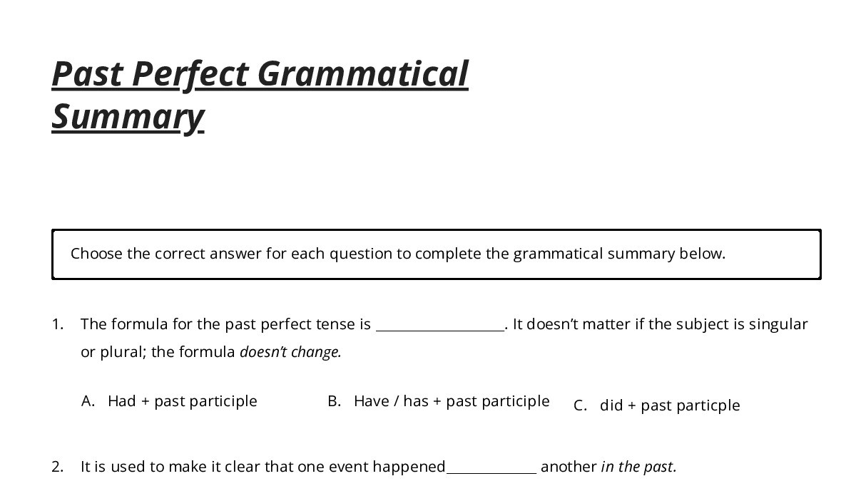 Past Perfect Grammatical Summary﻿﻿﻿﻿﻿ - My Worksheet Maker: Create Your ...