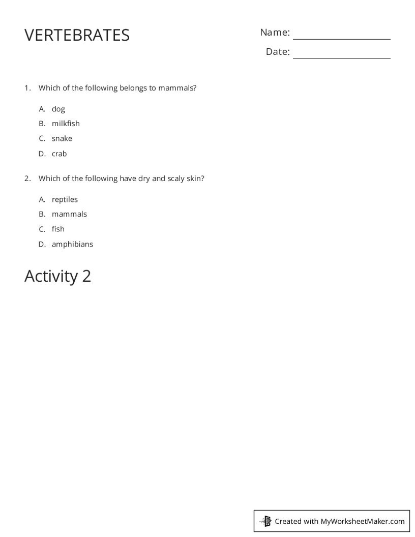 VERTEBRATES - My Worksheet Maker: Create Your Own Worksheets