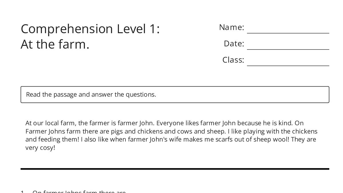 Comprehension Level 1: At the farm. - My Worksheet Maker: Create Your ...