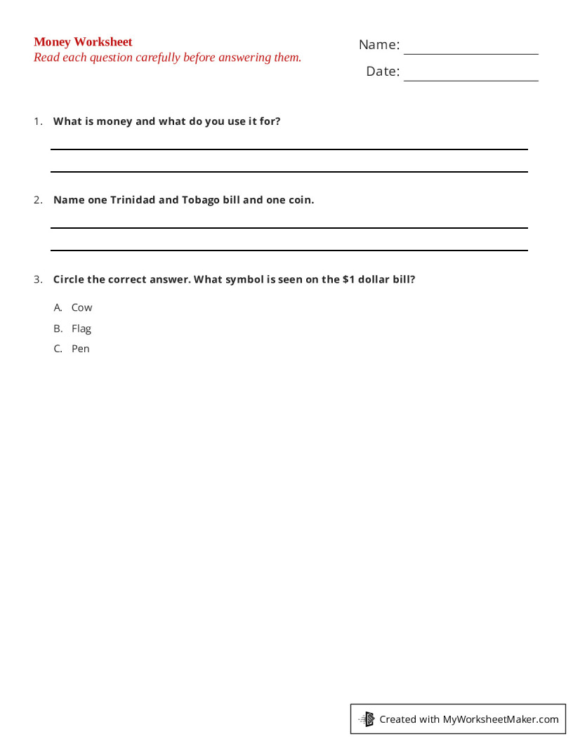 Money WorksheetRead each question carefully before answering them. - My ...