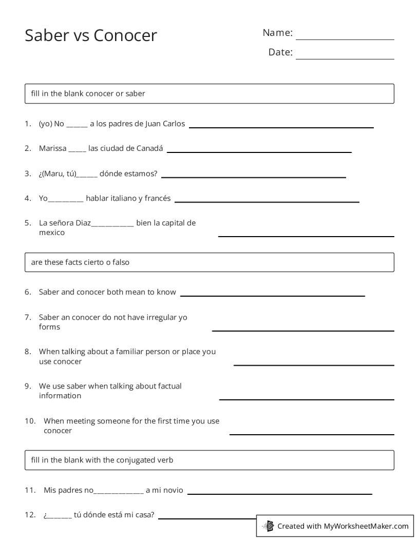 Saber vs Conocer - My Worksheet Maker: Create Your Own Worksheets