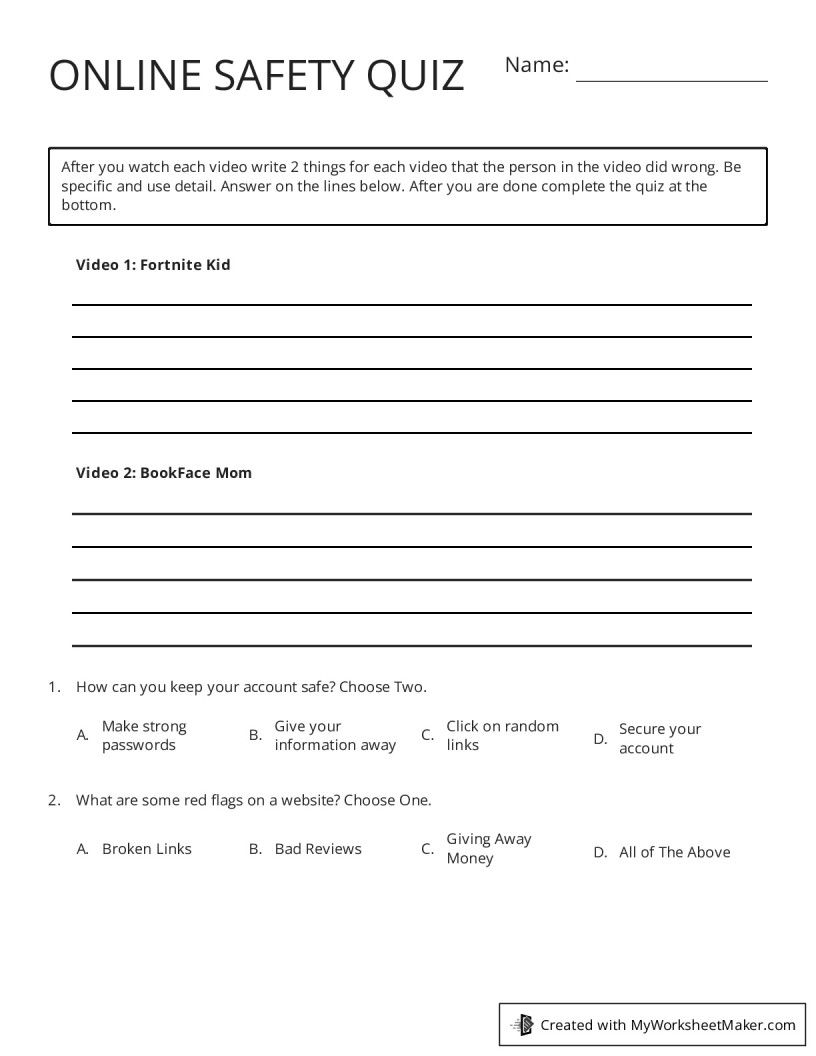 ONLINE SAFETY QUIZ - My Worksheet Maker: Create Your Own Worksheets