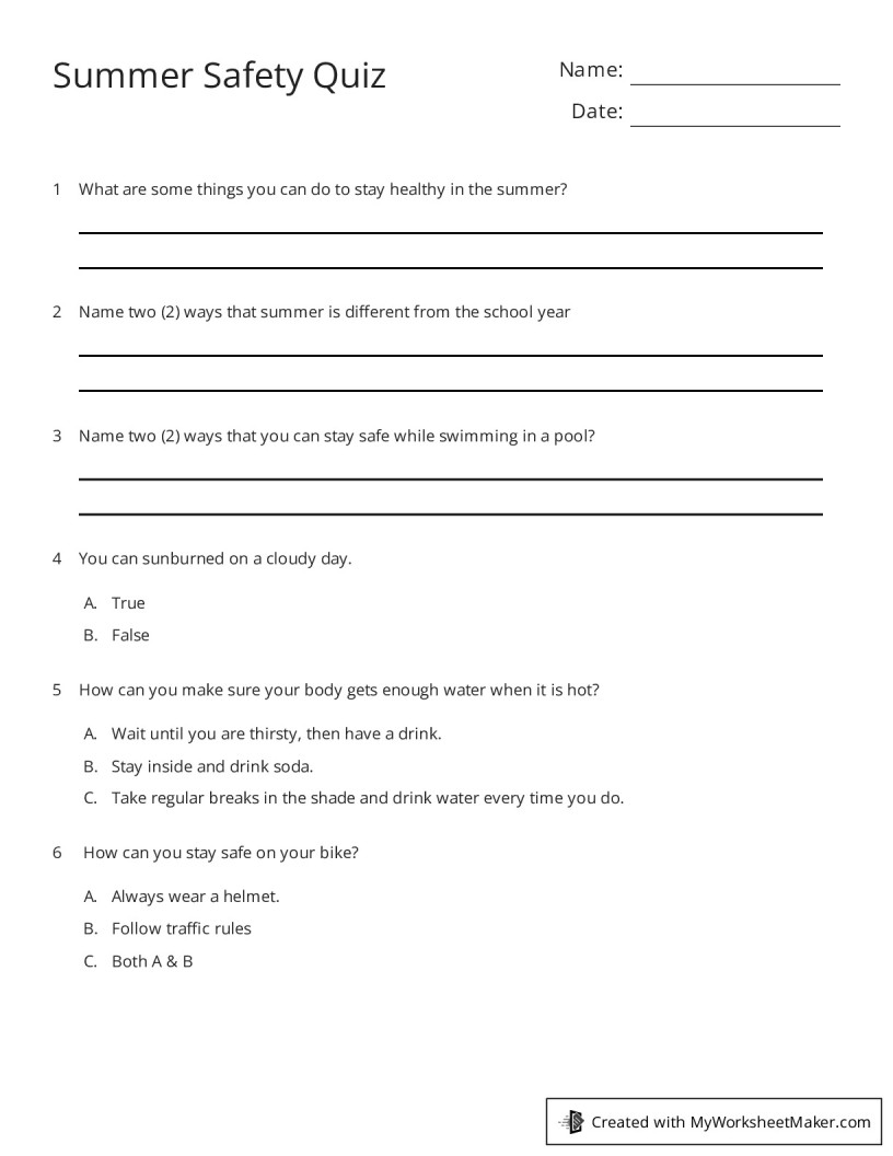 Summer Safety Quiz - My Worksheet Maker: Create Your Own Worksheets