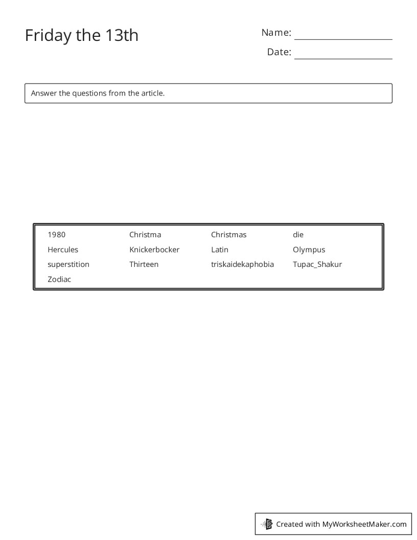 Friday the 13th - My Worksheet Maker: Create Your Own Worksheets