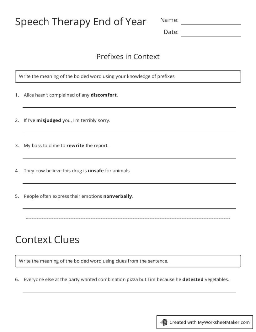 Speech Therapy End of Year - My Worksheet Maker: Create Your Own Worksheets
