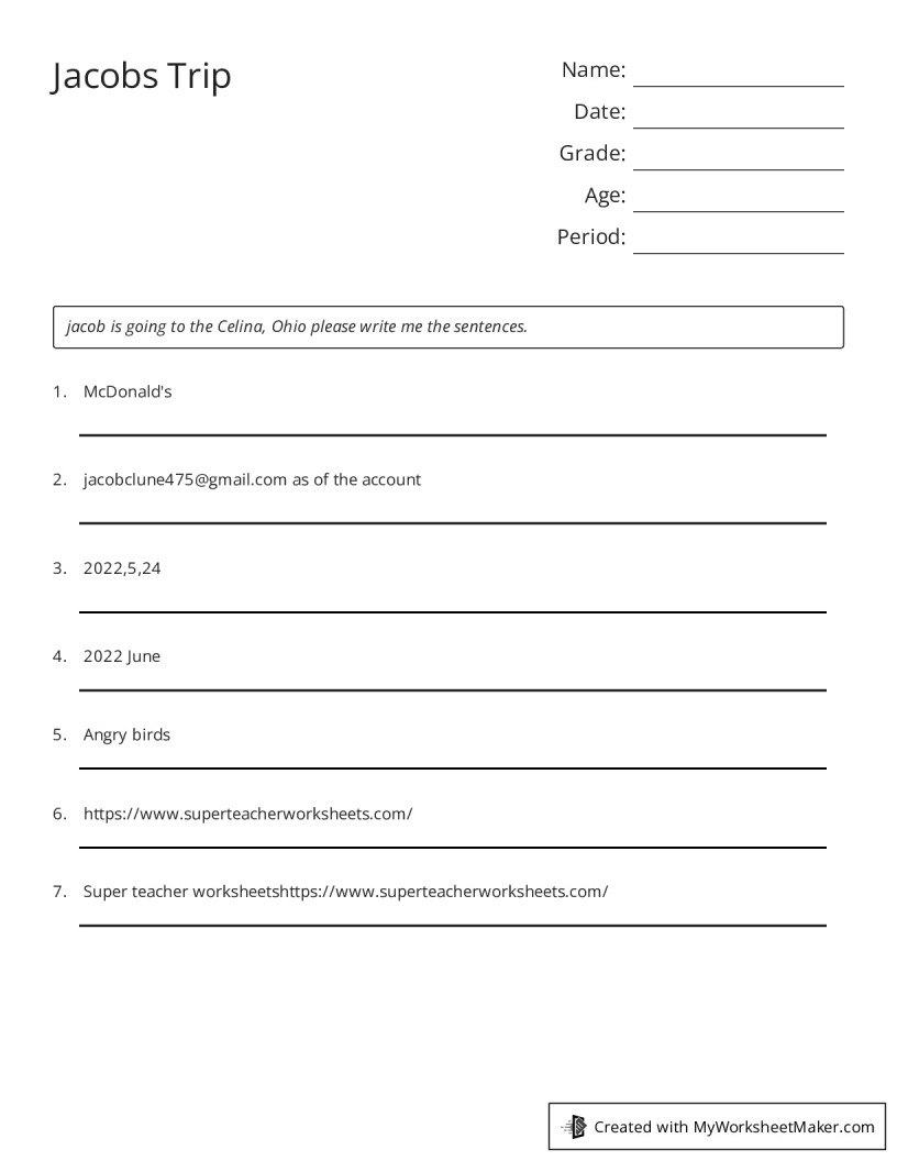 Jacobs Trip - My Worksheet Maker: Create Your Own Worksheets