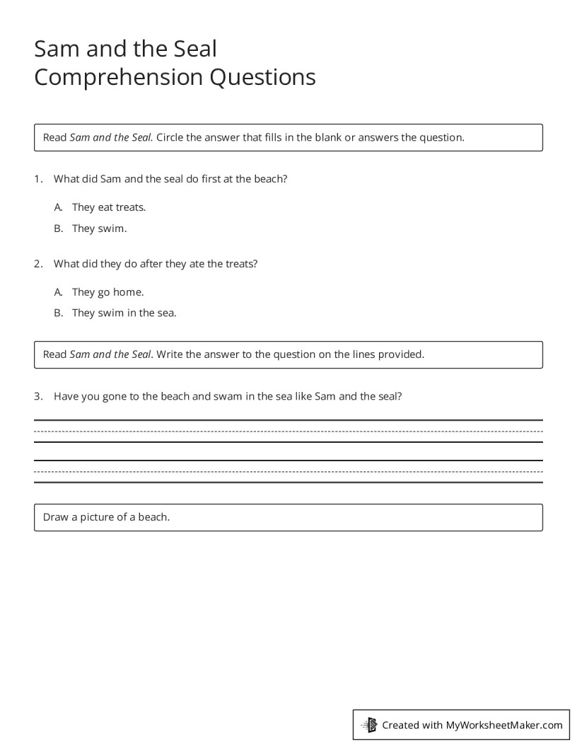 Sam and the SealComprehension Questions - My Worksheet Maker: Create ...