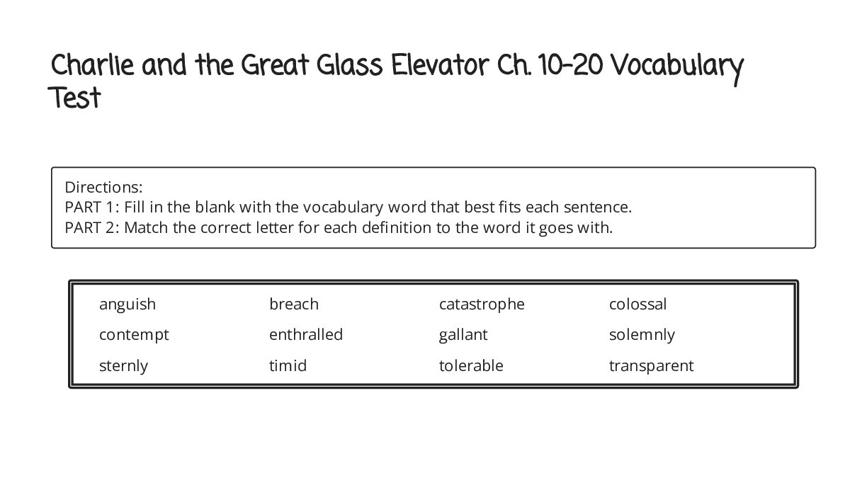 Charlie and the Great Glass Elevator Ch. 10-20 Vocabulary Test - My ...