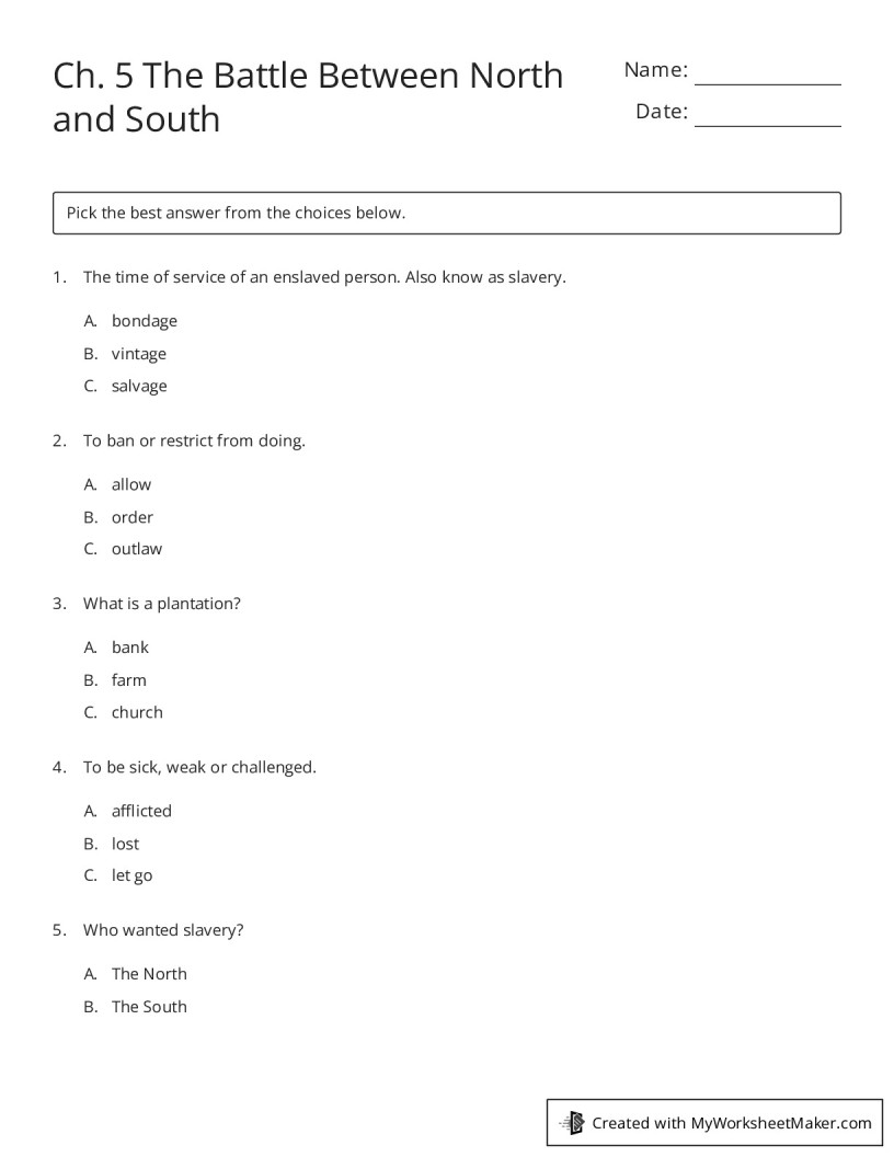 Ch. 5 The Battle Between North and South - My Worksheet Maker: Create ...