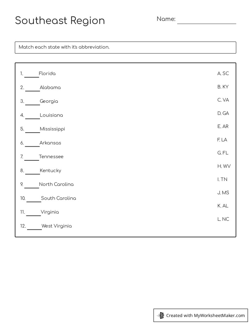 Southeast Region - My Worksheet Maker: Create Your Own Worksheets