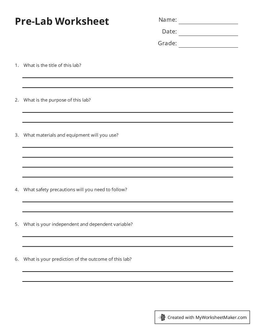 Pre-Lab Worksheet - My Worksheet Maker: Create Your Own Worksheets