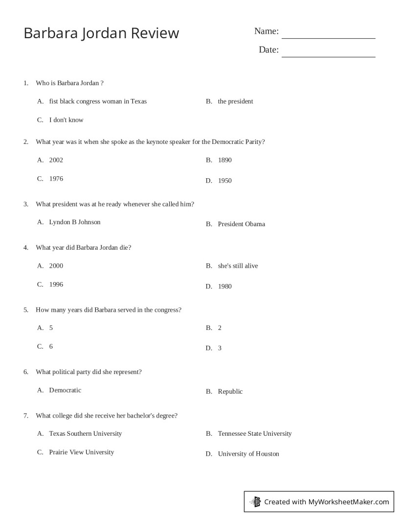 Barbara Jordan Review - My Worksheet Maker: Create Your Own Worksheets