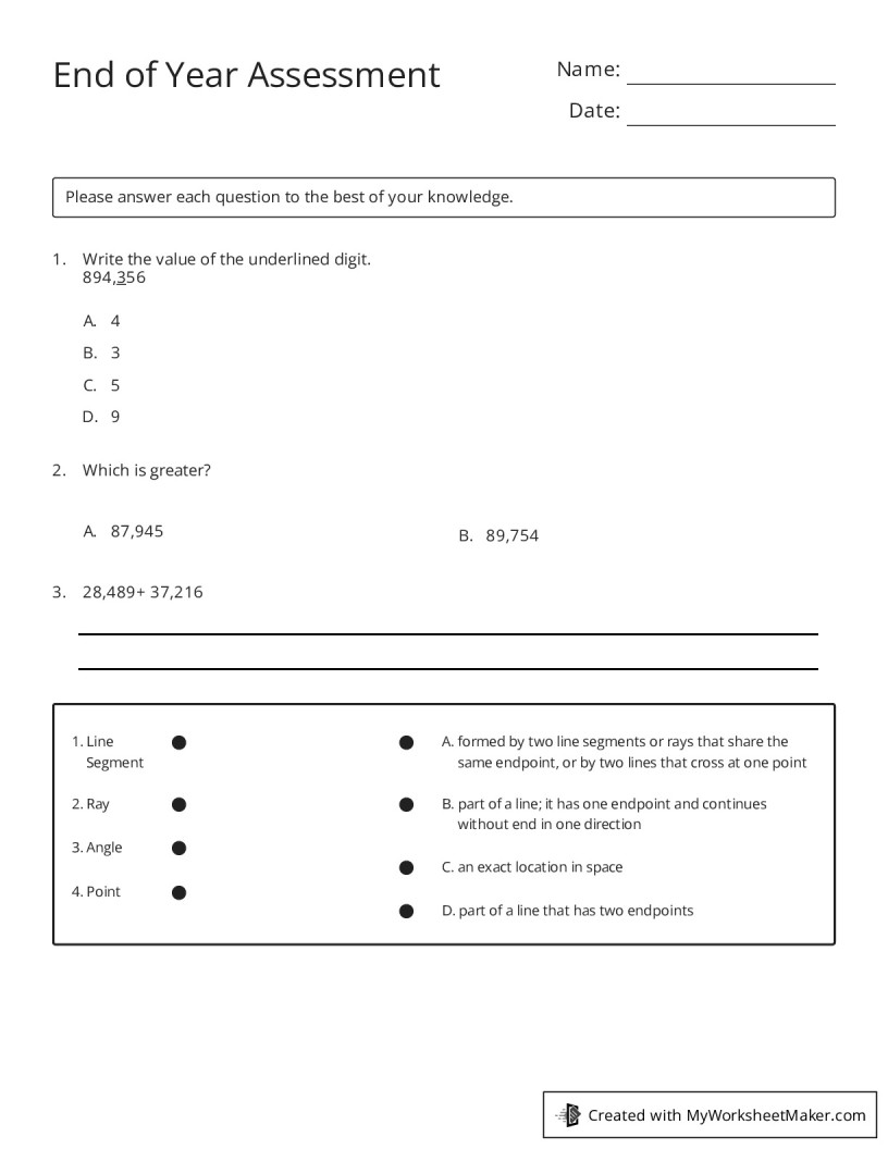 End of Year Assessment - My Worksheet Maker: Create Your Own Worksheets