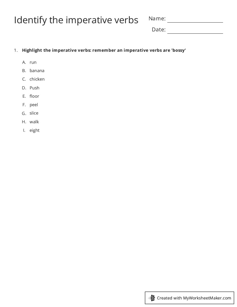 Identify the imperative verbs - My Worksheet Maker: Create Your Own ...