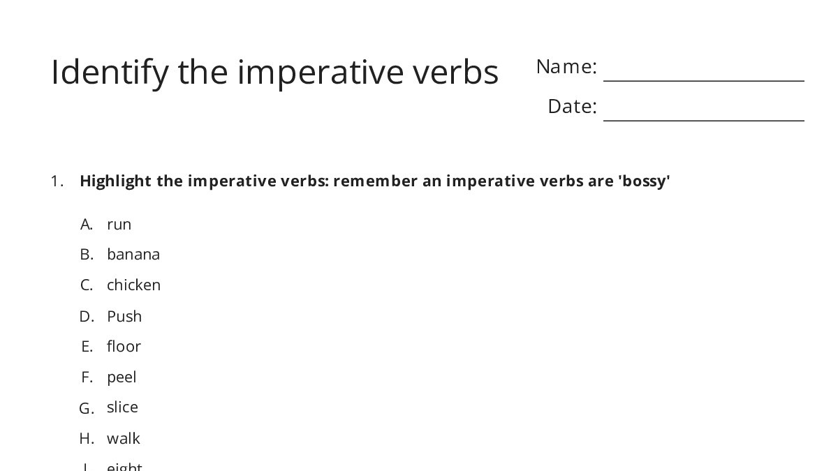 Identify the imperative verbs - My Worksheet Maker: Create Your Own ...