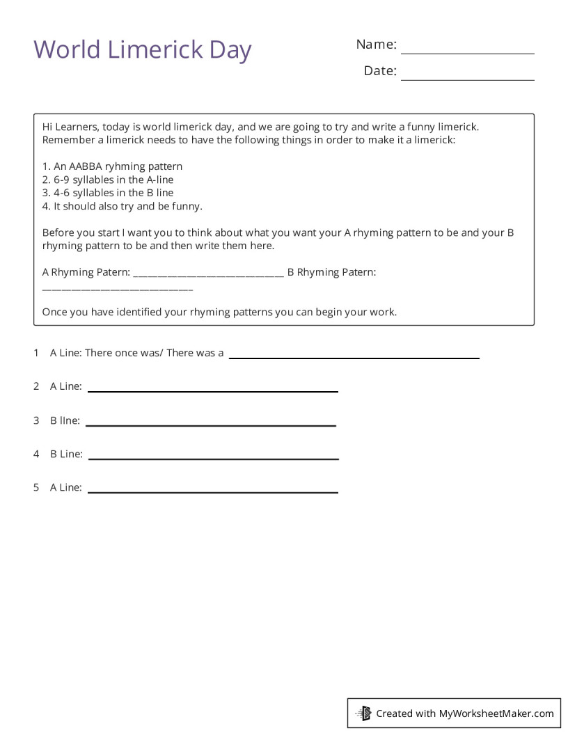World Limerick Day - My Worksheet Maker: Create Your Own Worksheets