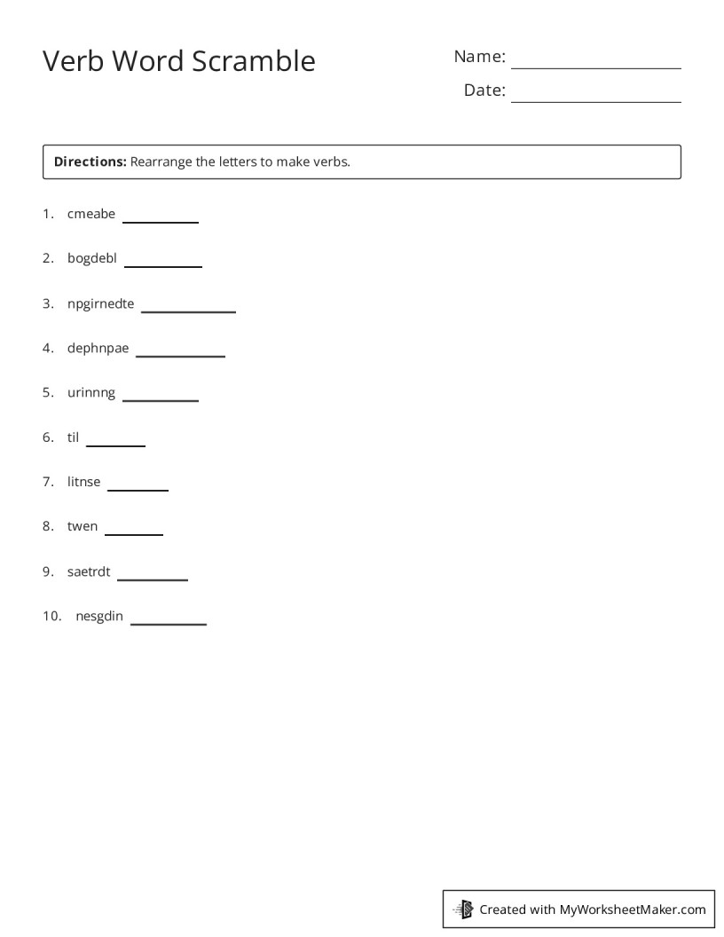 Verb Word Scramble - My Worksheet Maker: Create Your Own Worksheets