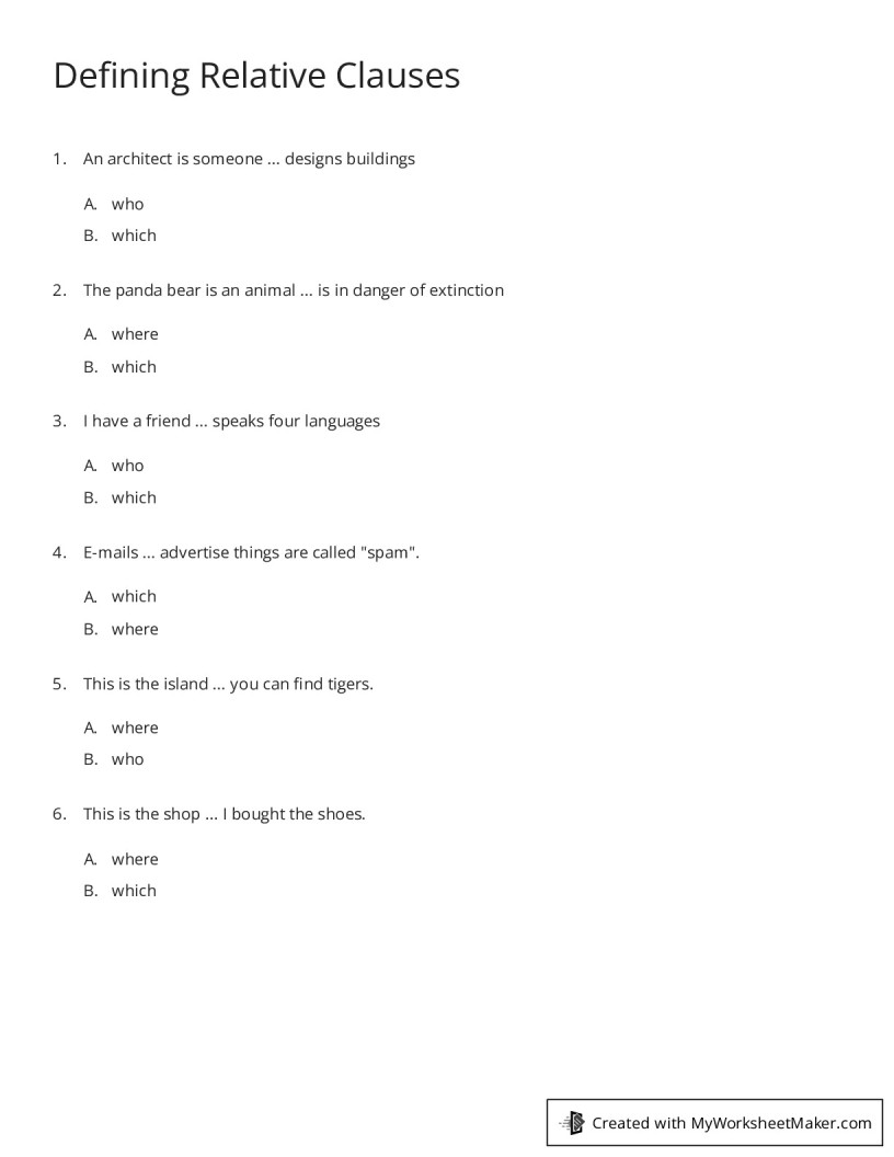 Defining Relative Clauses - My Worksheet Maker: Create Your Own Worksheets