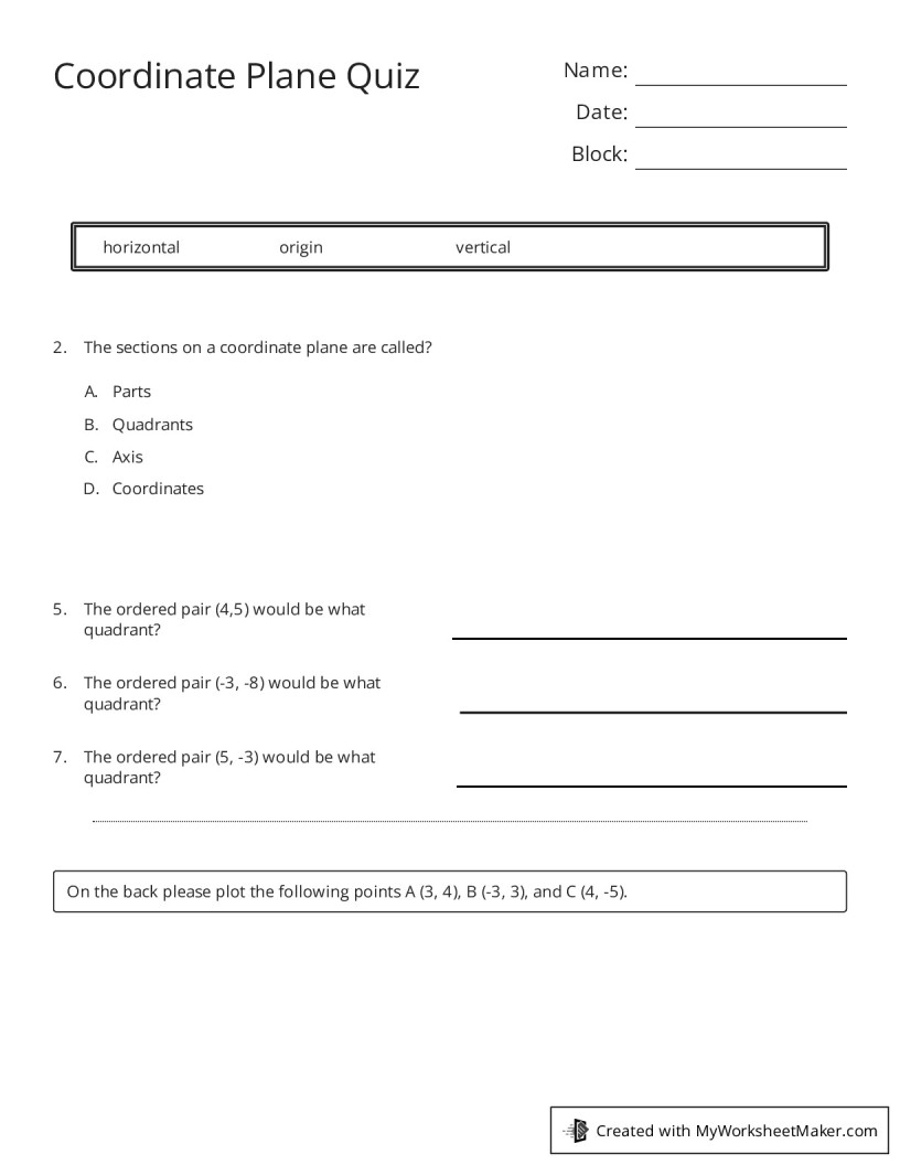 Coordinate Plane Quiz - My Worksheet Maker: Create Your Own Worksheets